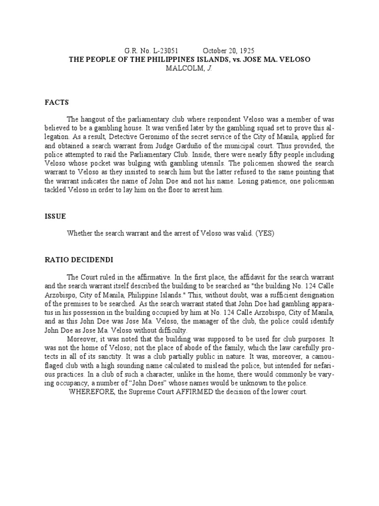 483 People vs. Veloso, 48 Phil 169 | PDF | Mystery, Thriller & Crime ...