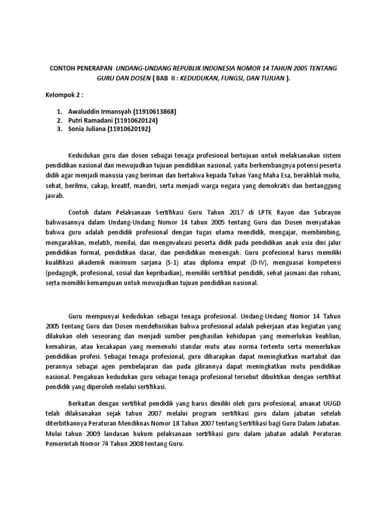 Contoh Penerapan Undang Undang Guru Dan Dosen Bab 2 | PDF | Karier ...