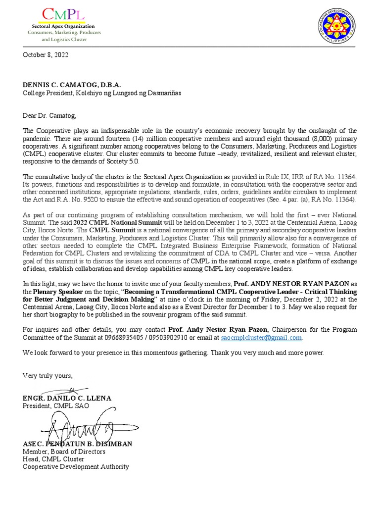 CMPL Summit Letter For Plenary Speaker Pazon | Download Free PDF | Business | Economies
