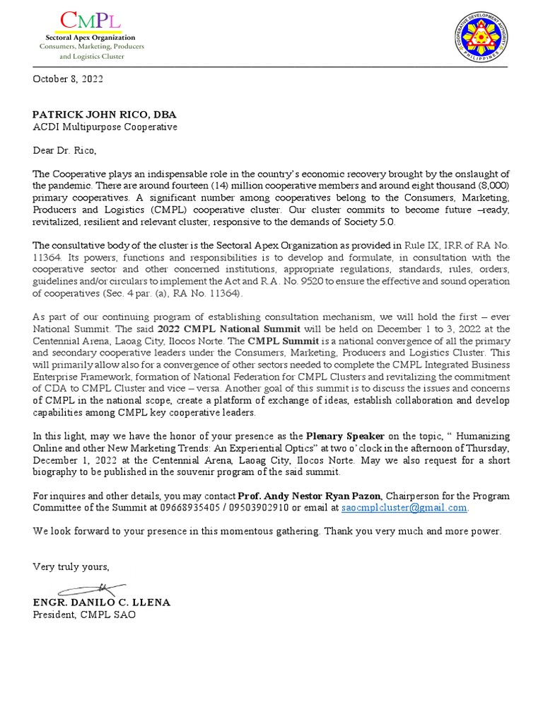 CMPL Summit Letter For Plenary Speaker Rico | PDF | Business | Economies