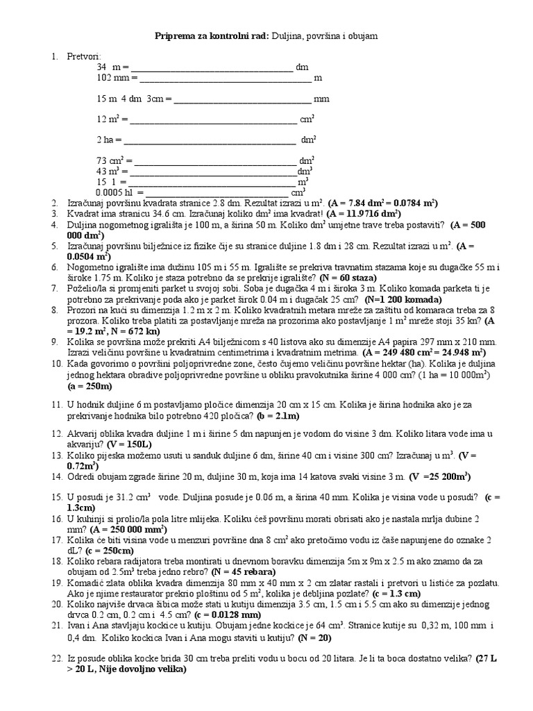 Priprema Za Kontrolni Rad - Duljina, Površina, Volumen | PDF
