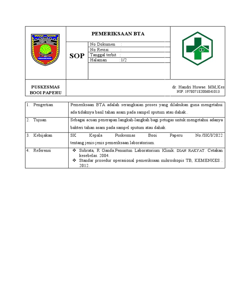 Sop Pemeriksaan Bta | PDF