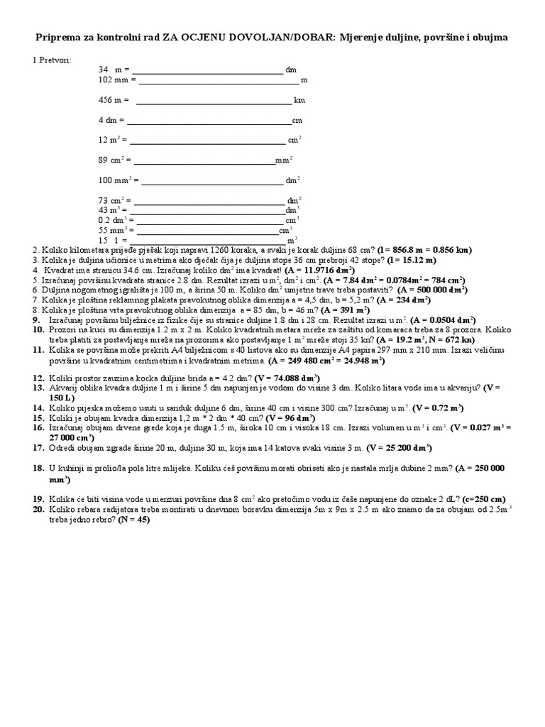 Priprema Za Kontrolni Rad - Duljina, Površina, Obujam ZA OCJENU DOVOLJAN-DOBAR | PDF