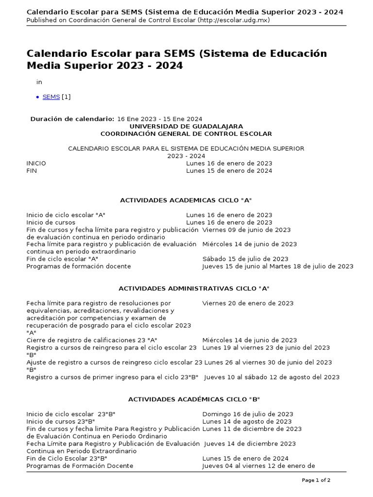 Coordinacin General de Control Escolar - Calendario Escolar para SEMS Sistema de Educacin Media ...
