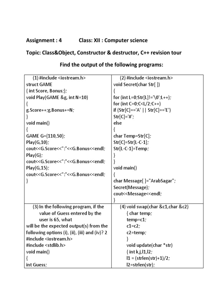 CBSE Worksheets For Class 12 Computer Science Class, Object, Constructor and Distructor | PDF ...