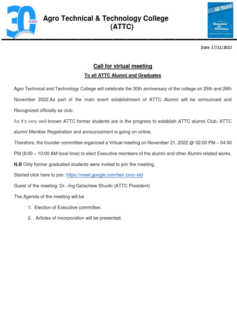 Agro Technical & Technology College (ATTC) : Call For Virtual Meeting ...
