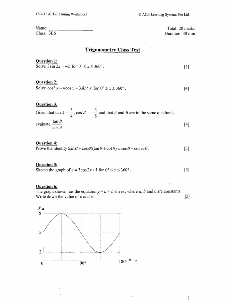 Trigonometry Class Test: 18/7/11 ACE-Learning Worksheet © ACE-Learning ...