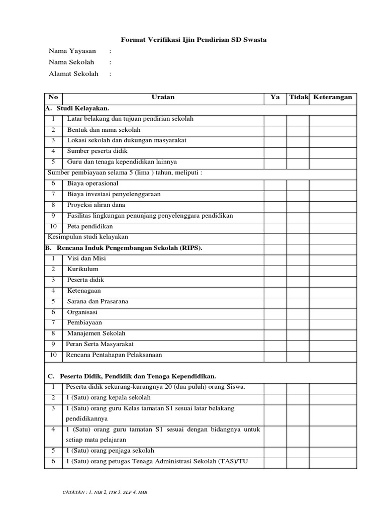 Form Verifikasi Ijin Pendirian Sekolah SD 2022 | PDF