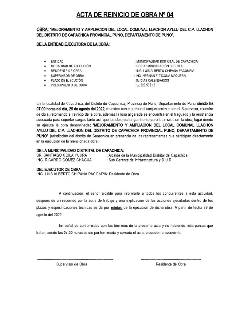 ACTA DE REINICIO DE OBRA Agosto | PDF