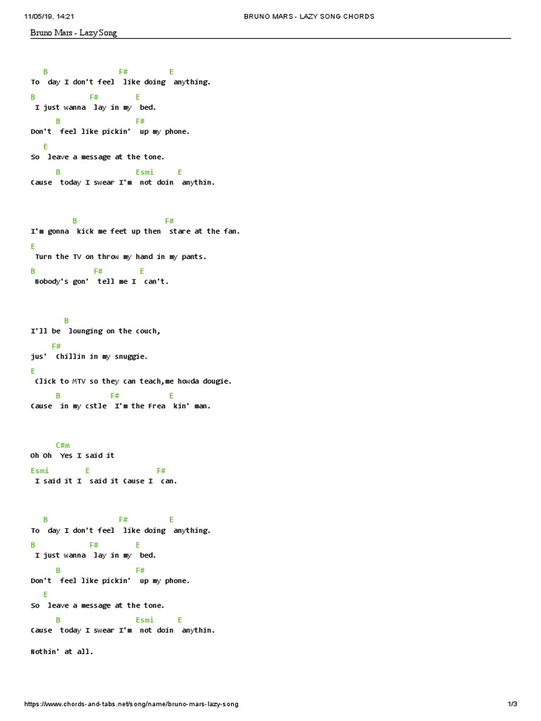 Bruno Mars - Lazy Song Chords | PDF