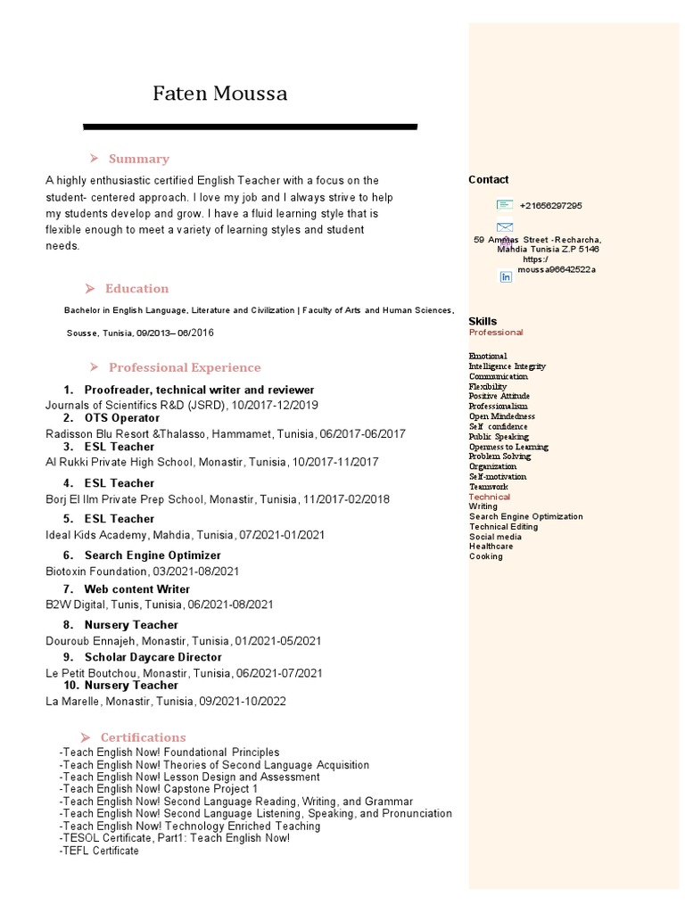 Faten Moussa: Contact | PDF | English As A Second Or Foreign Language ...