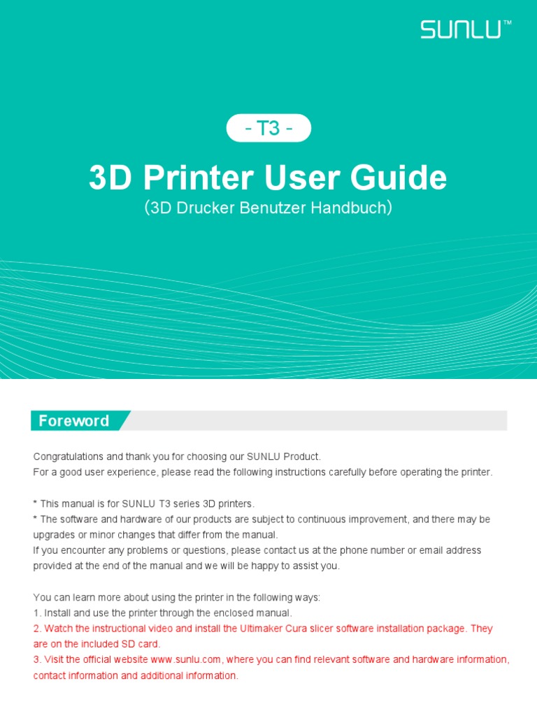 SUNLU T3 Manul | PDF | Extrusion | Printer (Computing)