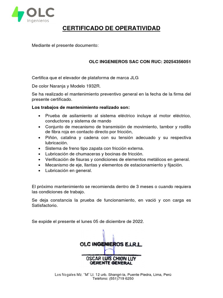 Certificado de Operatividad de Elevador | PDF