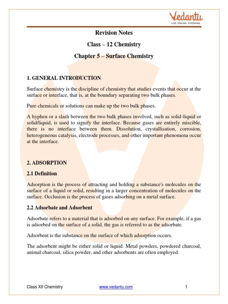 Class 12 Surface Chemistry Notes | PDF | Adsorption | Catalysis