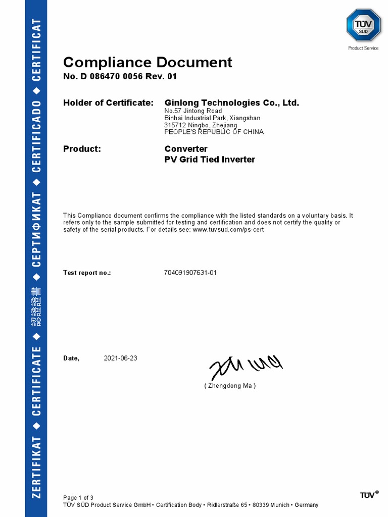 Solis Certificate EN50549-1 3P (3-20) K-4G S5-GR3P (3-20) K EUR V01 | PDF | Electronic ...