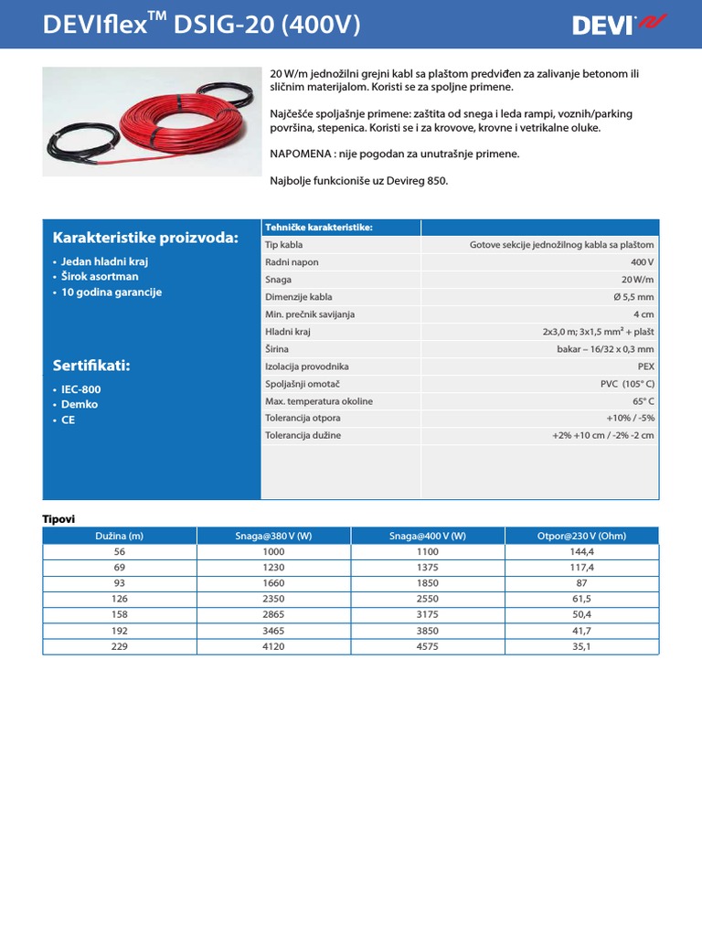Grejni Kabal Za Rampe I Oluke Deviflex - Dsig20 - 400v | PDF