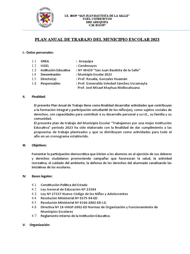 Plan de Trabajo Del Municipio Escolar 2023 | PDF | Ciencias Políticas ...