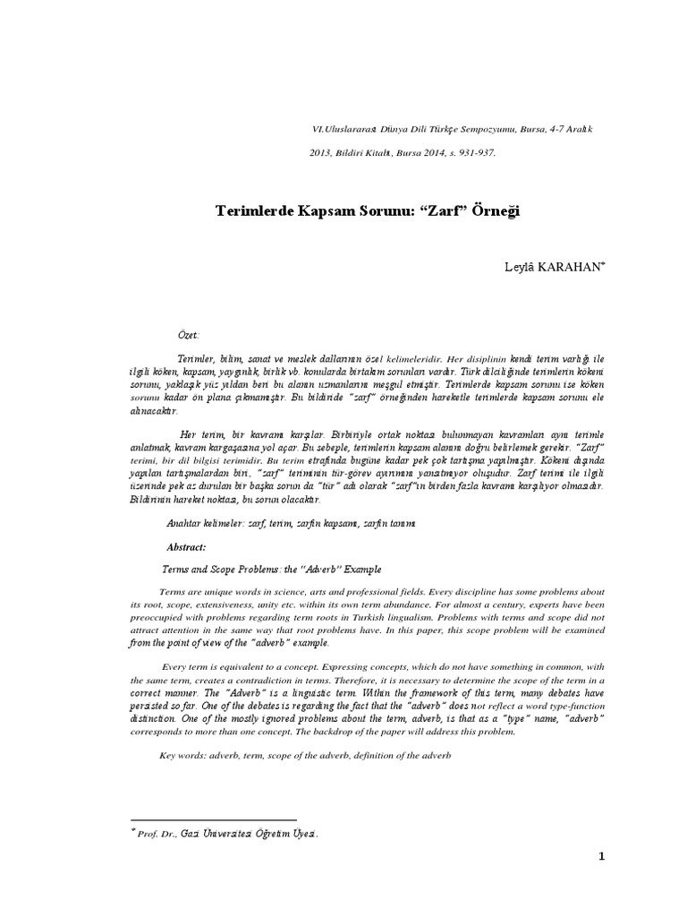 Leyla Karahan Terimlerde Kapsam Sorunu Zarf Ornegi | PDF