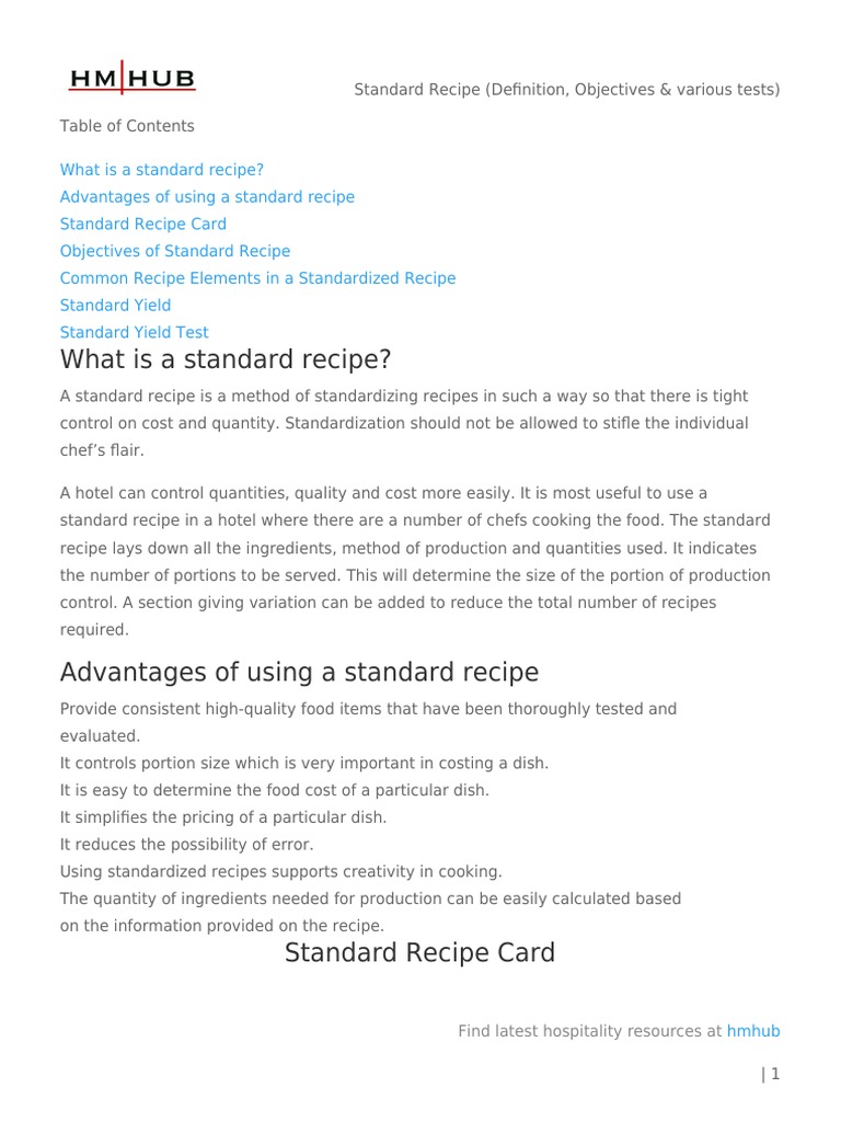 Standard Recipe (Definition, Objectives & Various Tests) | PDF | Meat ...