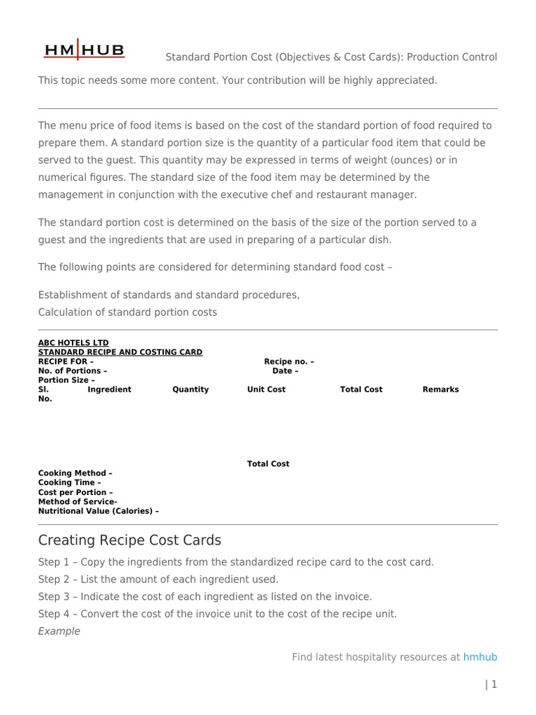 Standard Portion Cost (Objectives & Cost Cards) - Production Control ...