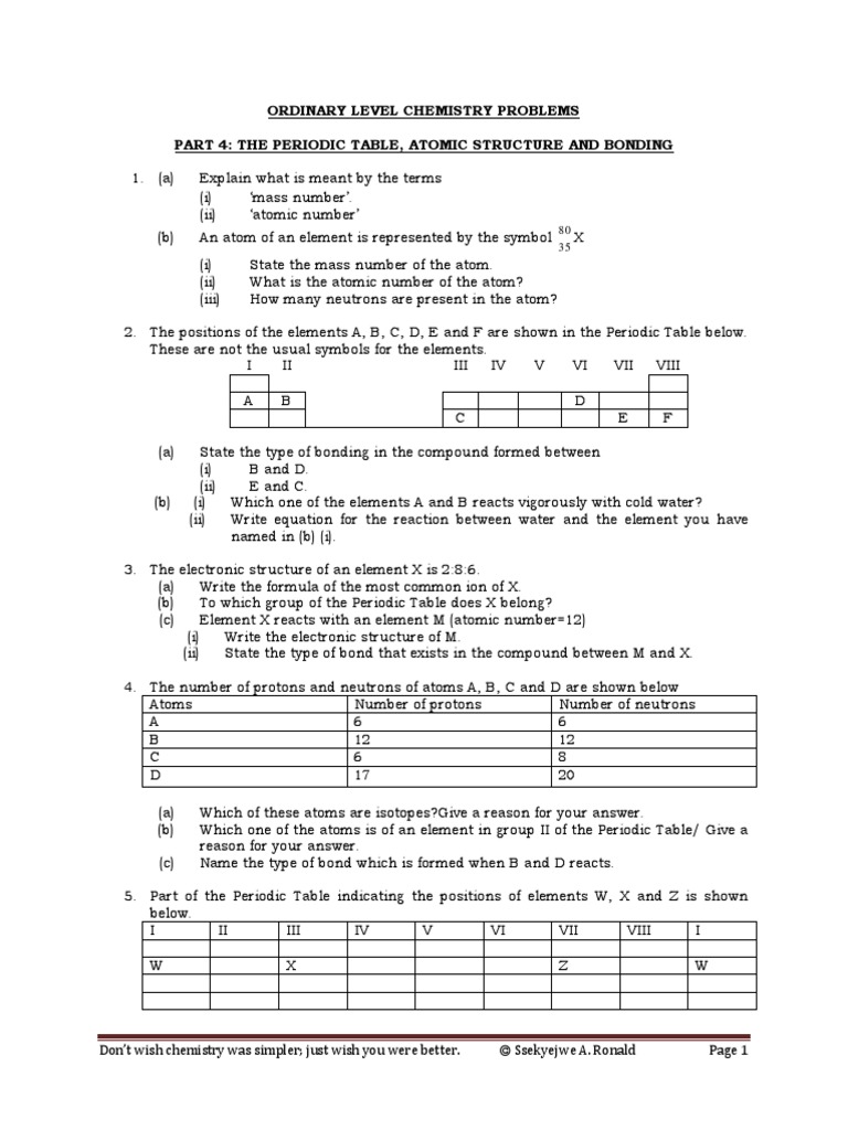 Atomic Structure, Periodic Table and Bonding Problems | PDF | Chemical ...