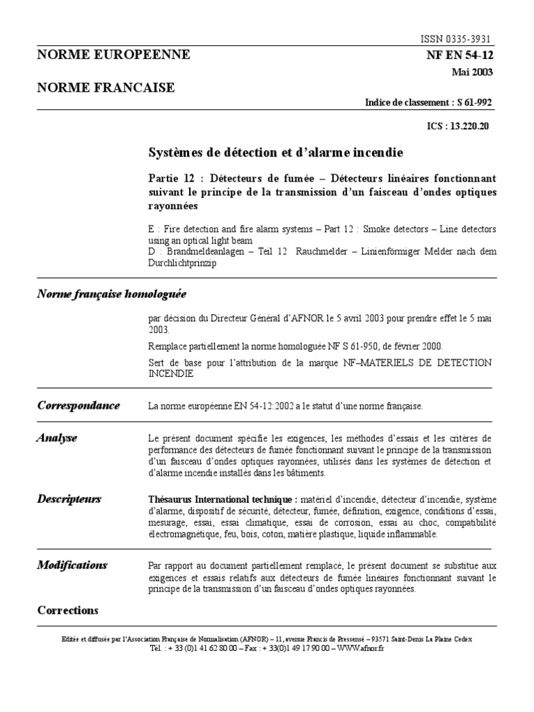 NFS 61 992 - NF EN 54-12 Partie 12 Detecteur Linéaire (Mai 2003) | PDF | Technologie et ingénierie