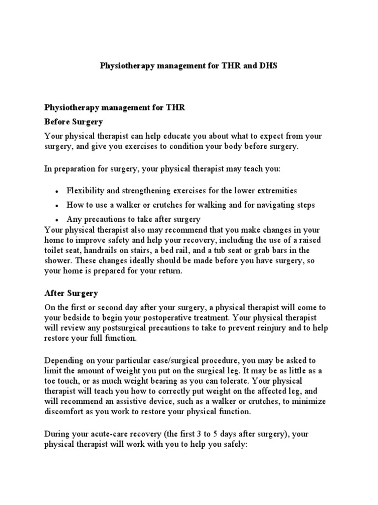 Physiotherapy Management For THR and DHS | PDF | Physical Therapy | Surgery