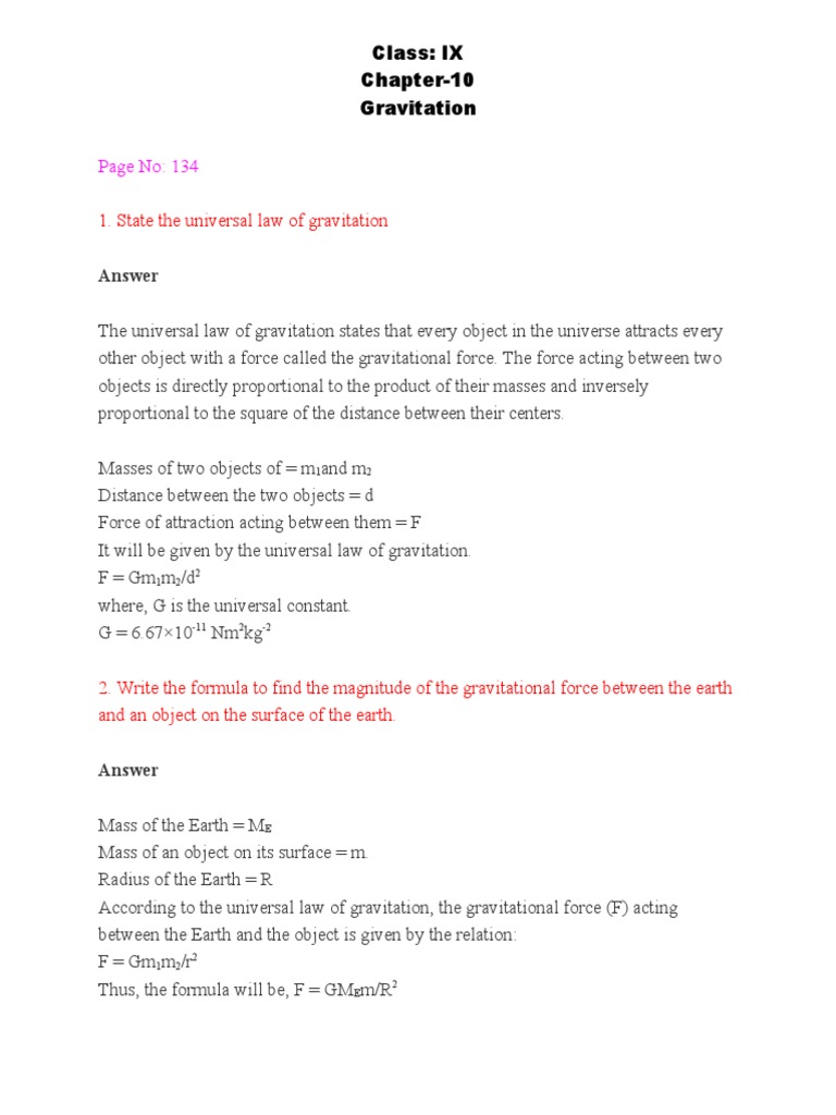 Class IX Gravitation Chapter Summary | PDF | Weight | Buoyancy