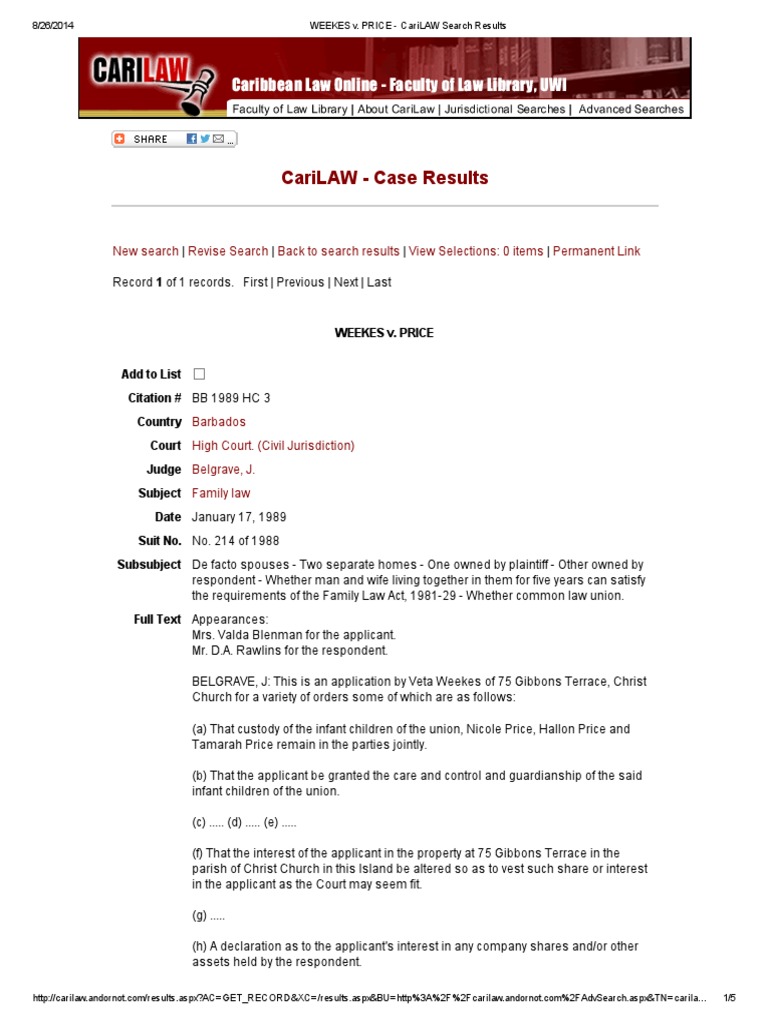 Weekes v. Price: Barbados Family Law Case | PDF | Wife | Marriage