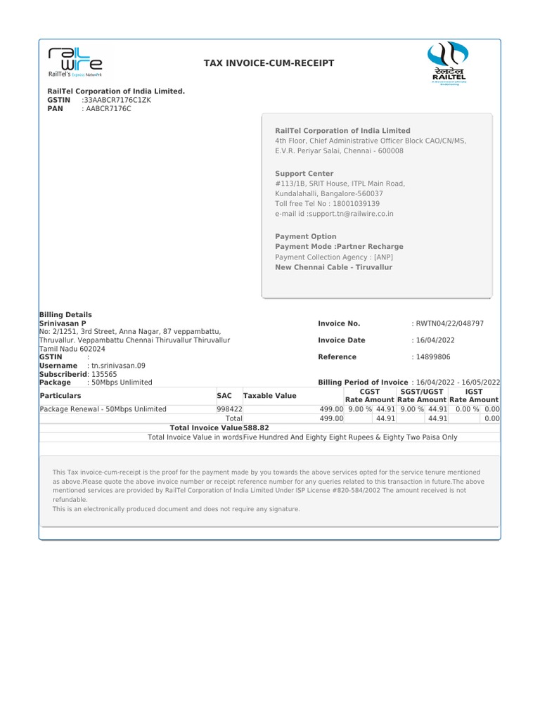 Railwire Subscriber Invoice Apr22 | PDF | Invoice | Taxation