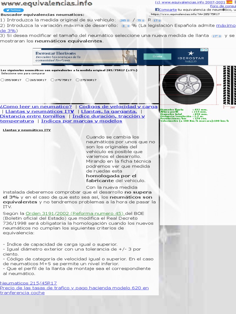 Tabla de Equivalencias Neumaticos y Llantas. Calculador de Equivalencias. [Llantas y Neumáticos ...