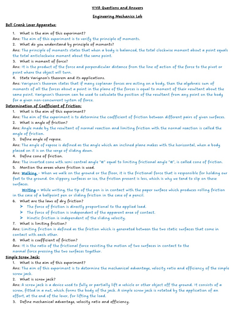 Engineering Mechanics Viva Questions | PDF | Friction | Welding