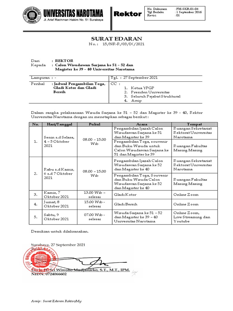 Surat Edaran 2021 (JDWL Wisuda Dan Pengambilan Toga ) | PDF