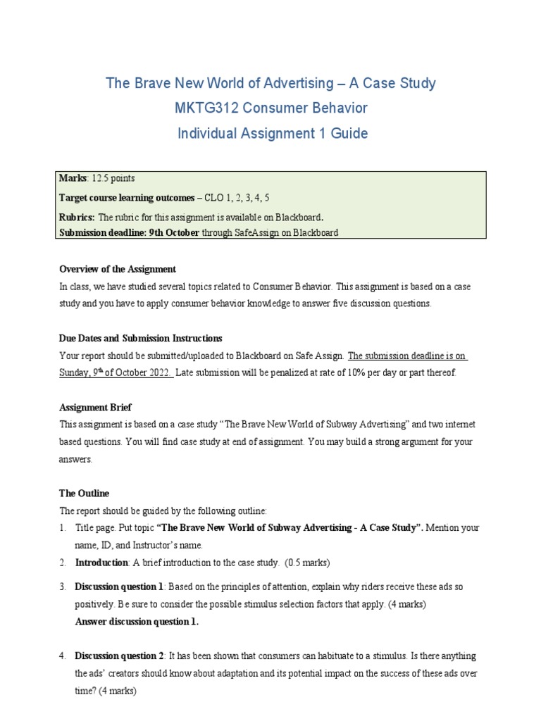 MKTG312 Assignment 1 The Brave New World of Subway Advertising - Case ...