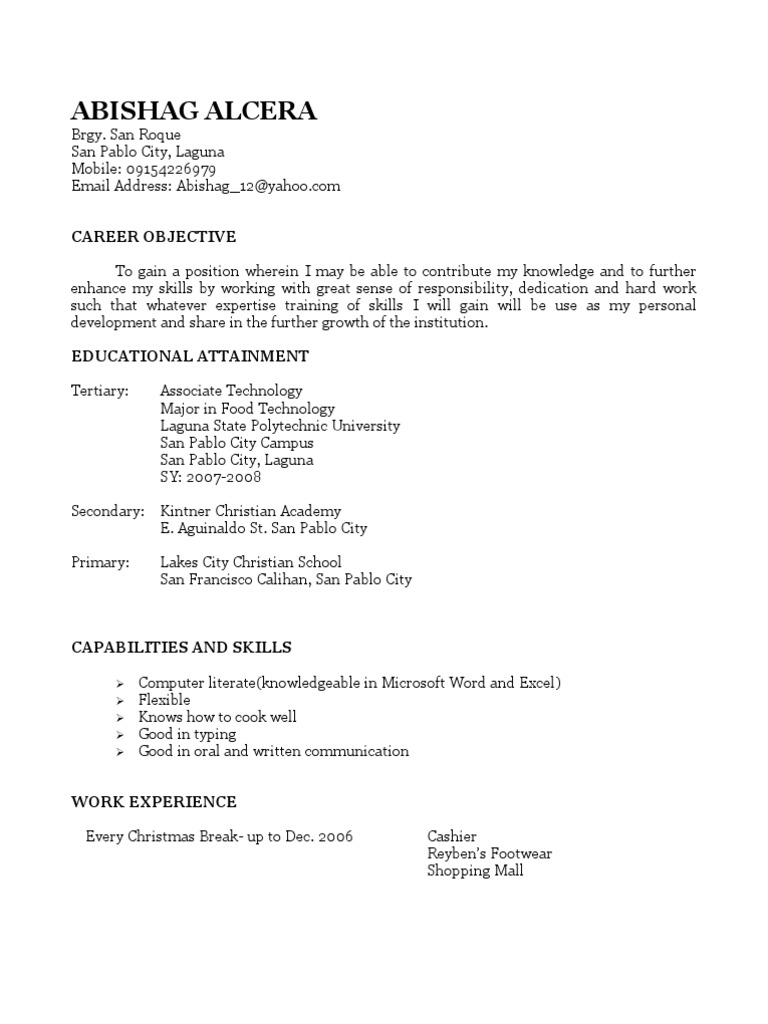 Abishag Alcera Resume: Food Tech Major | PDF