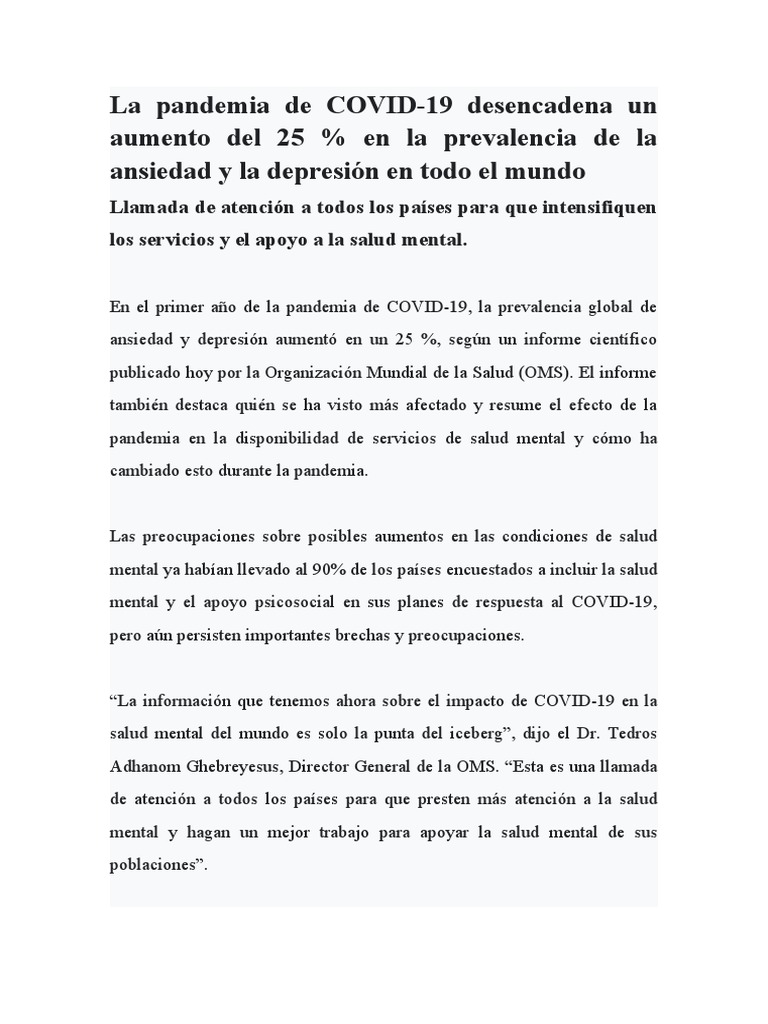 OMS Incremento Ansiedad y Depresión | PDF | Depresión (estado de ánimo ...