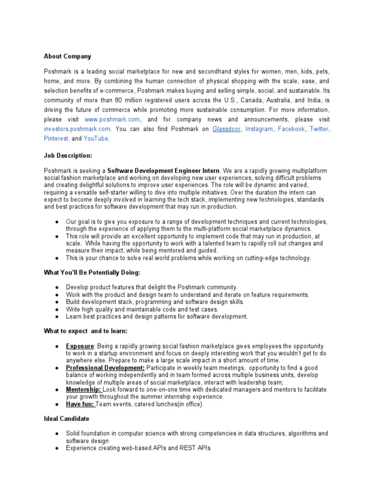 Poshmark Software Development Intern | PDF | Mentorship | Software