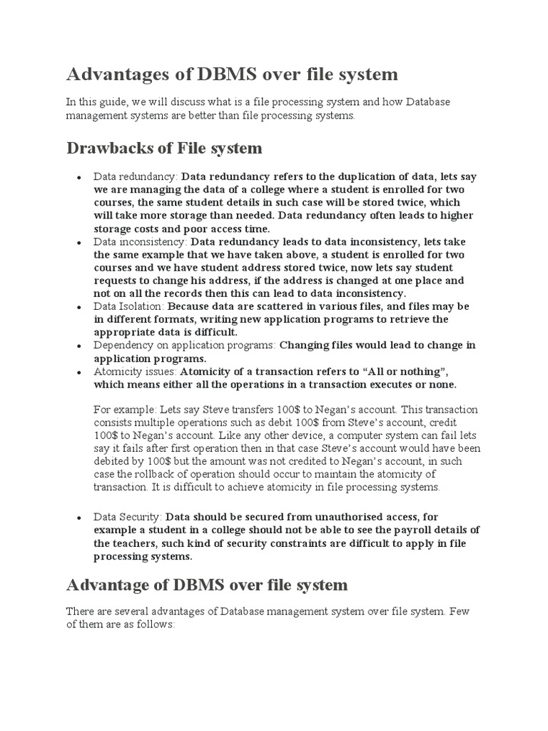 Advantages of DBMS Over File System | PDF | Databases | Database Transaction