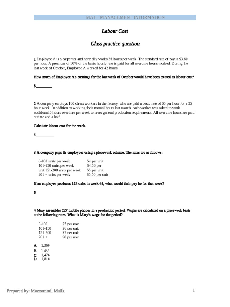 Labour Cost Calculation Examples | PDF | Overtime | Piece Work