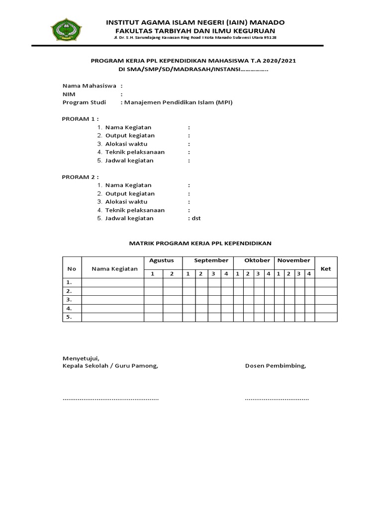 Program Kerja PPL IAIN Manado 2020/2021 | PDF