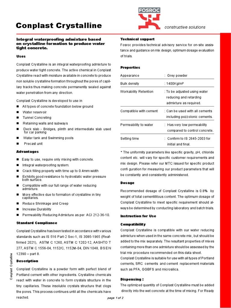 Conplast Crystalline Waterproofing Admixture | PDF | Concrete | Water