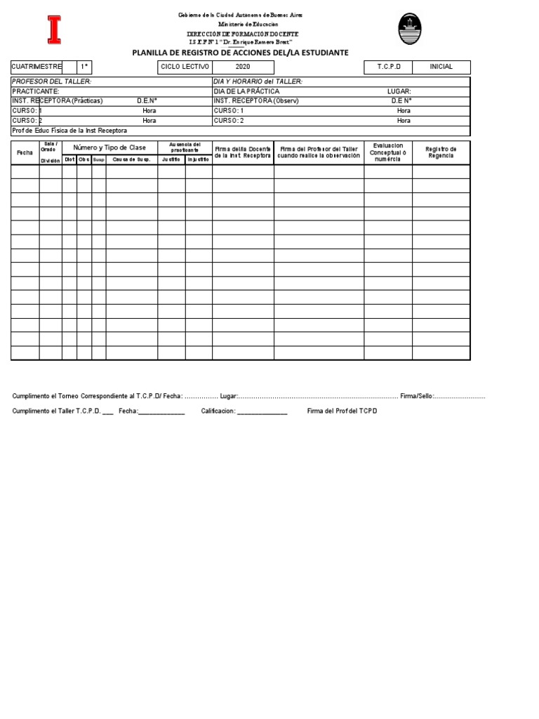 NUEVA PLANILLA REGISTRO PRACTICAS 1° C. 2020 | PDF