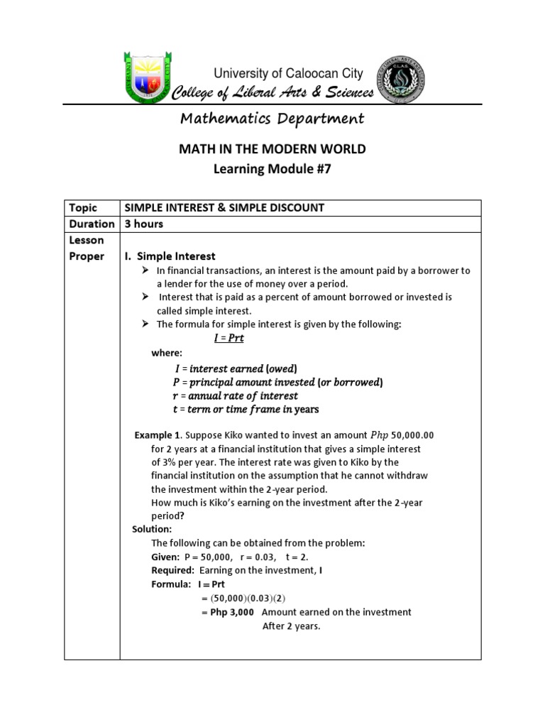 Mmw 7 Simple Interest Pdf Interest Discounting
