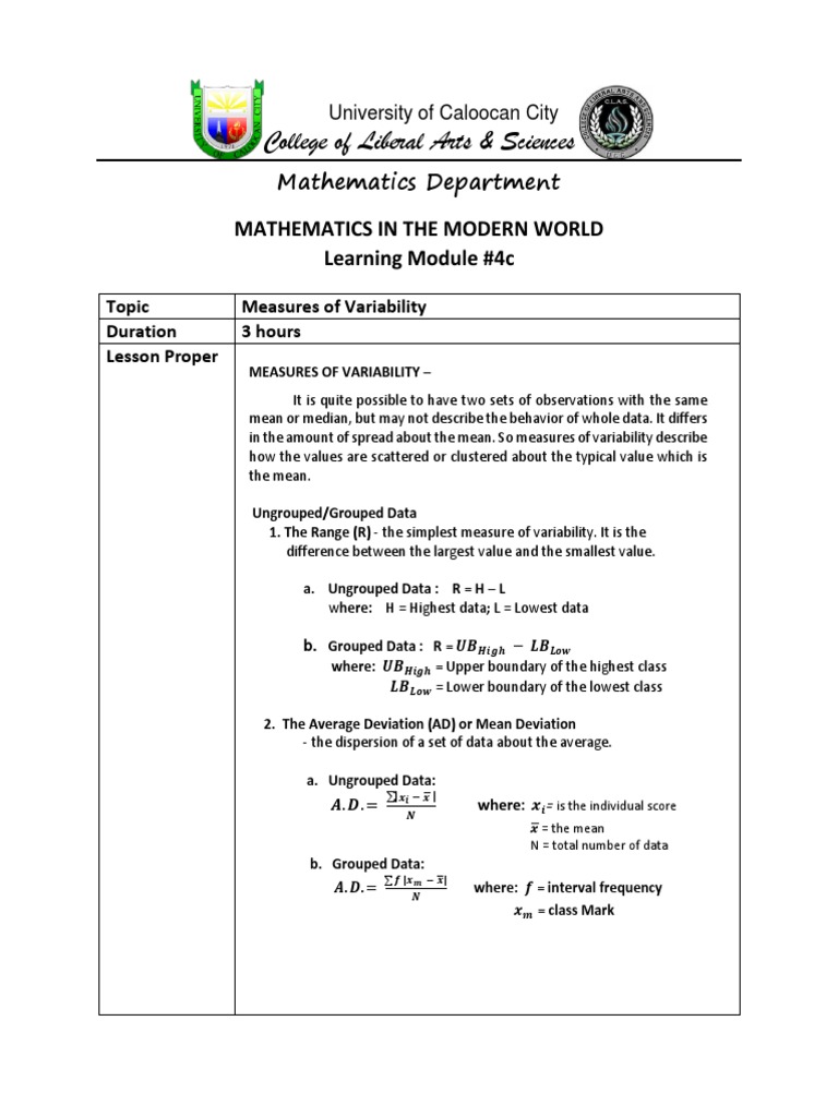 Lm#4c-Measures of Variability | PDF | Variance | Standard Deviation