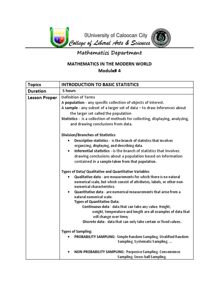 MMW Mod#4 Statistics | PDF | Sampling (Statistics) | Statistics
