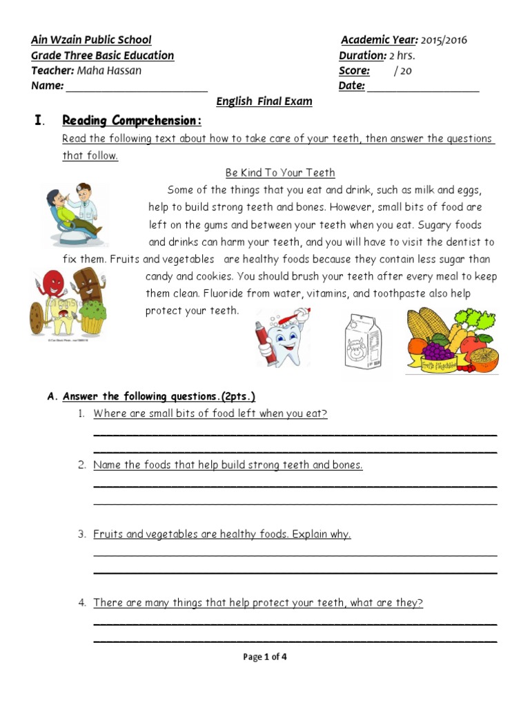 Grade 3 Teeth Care Exam Worksheet | PDF | Foods | Linguistics