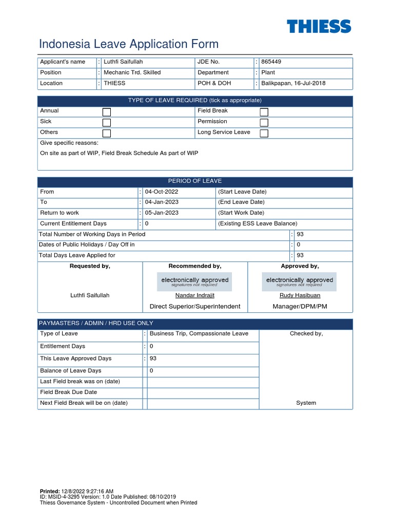 Indonesia Leave Application Form: TYPE OF LEAVE REQUIRED (Tick As ...