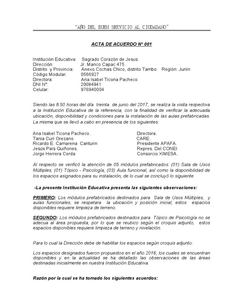 Acta de Acuerdo Reubicacion Sagrado Corazon de Jesus | PDF