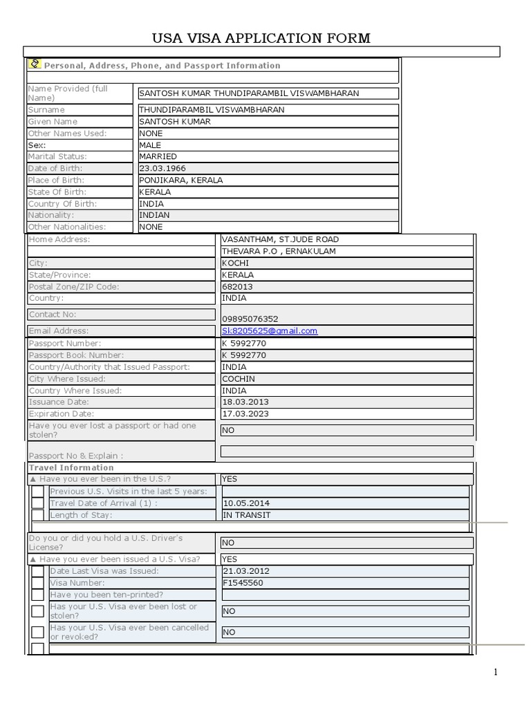 USA Visa Sample Form | Download Free PDF | Travel Visa | Zip Code