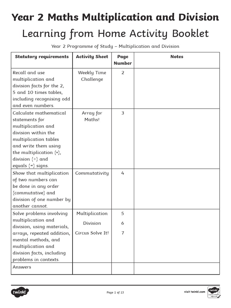 T N 252537 Year 2 Maths Multiplication and Division Home Learning ...